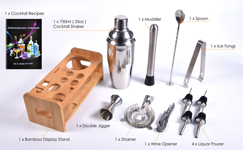 Amazon.com: Esmula Bartender Kit with Stylish Bamboo Stand, 12 Piece Cocktail Shaker Set for ...