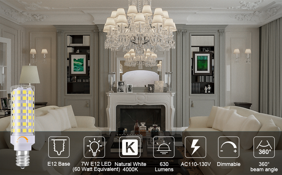 TAIYALOO E12 LED Bulb Dimmable 7W C7 Bulb Equivalent to E12 Halogen Bulb 60W, Natural White ...