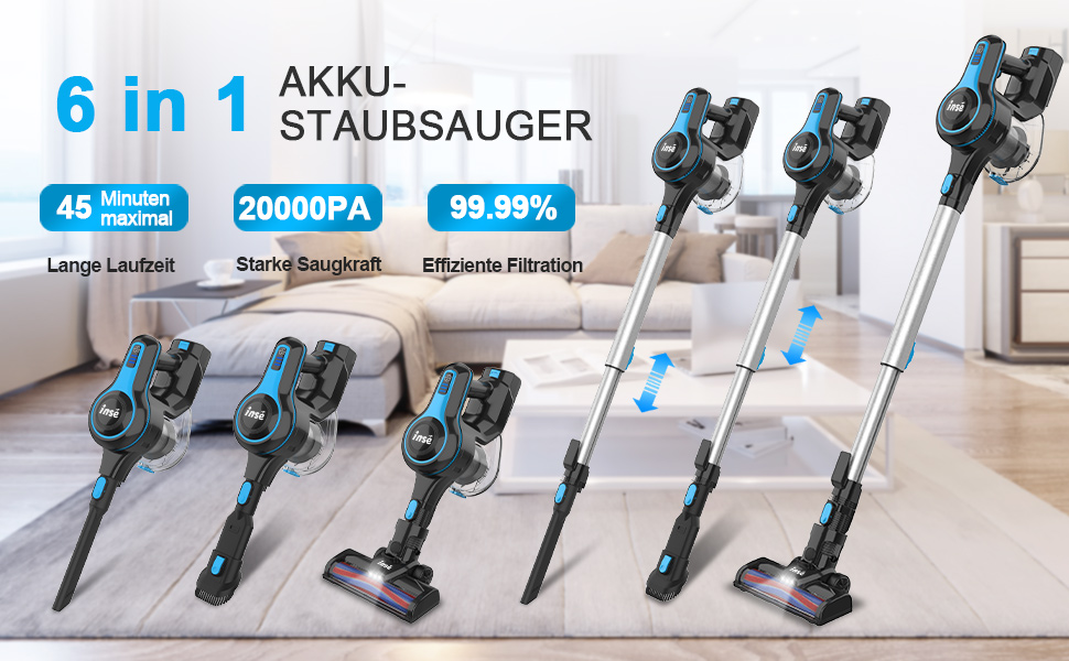 Amazon.de: INSE N5S Akku Staubsauger 20KPa, 6-in-1 Kabellos Beutellos, bis zu 45 Min Laufzeit, 1 ...