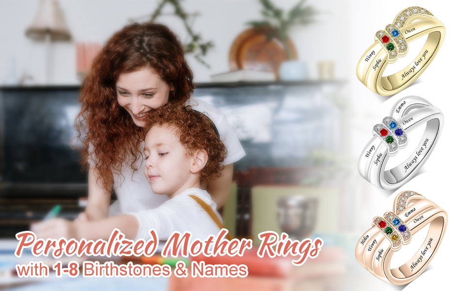 Amazon.com: MissNaNa Custom Mother Rings with 1-8 Birthstones & Names Free Engraving ...