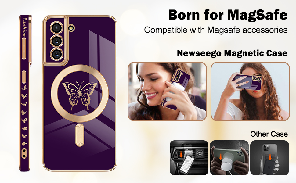Amazon.com: Newseego for Samsung Galaxy S21 5G Magnetic Case, Cute Butterfly Plating Edge Case ...