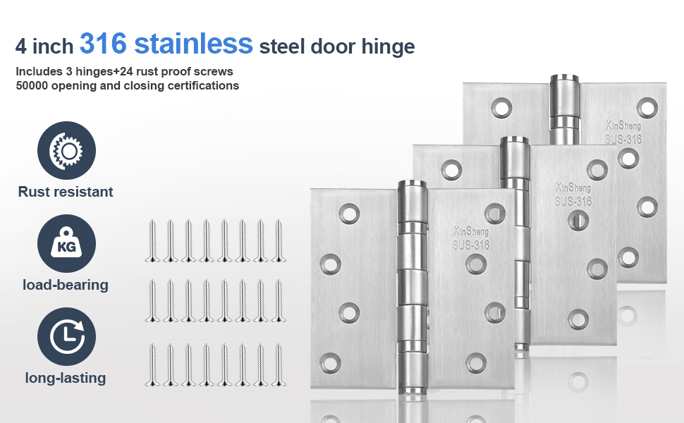XinSheng 3 Pack Full 316 Stainless Steel Door Hinges 4x4 Inch Heavy Duty Marine-Grade Rust Proof ...
