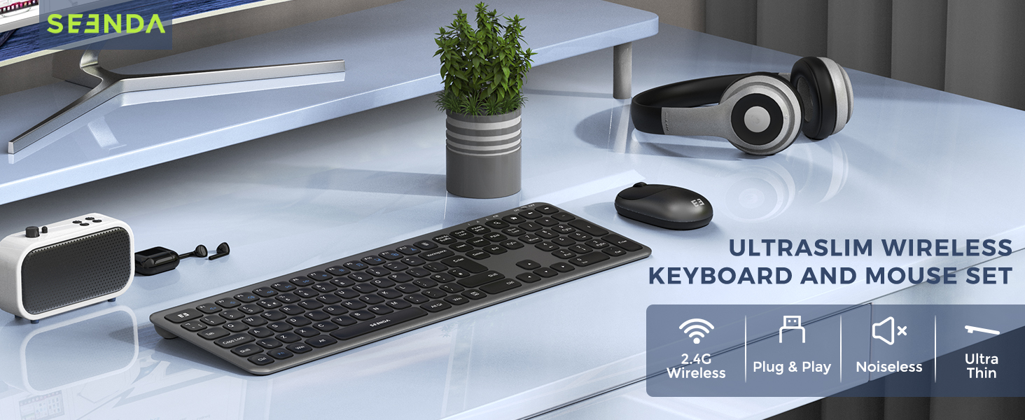 seenda 2.4G Ultra Thin Wireless Keyboard and Mouse Combo, Full-Size Cordless Set, UK Layout for ...