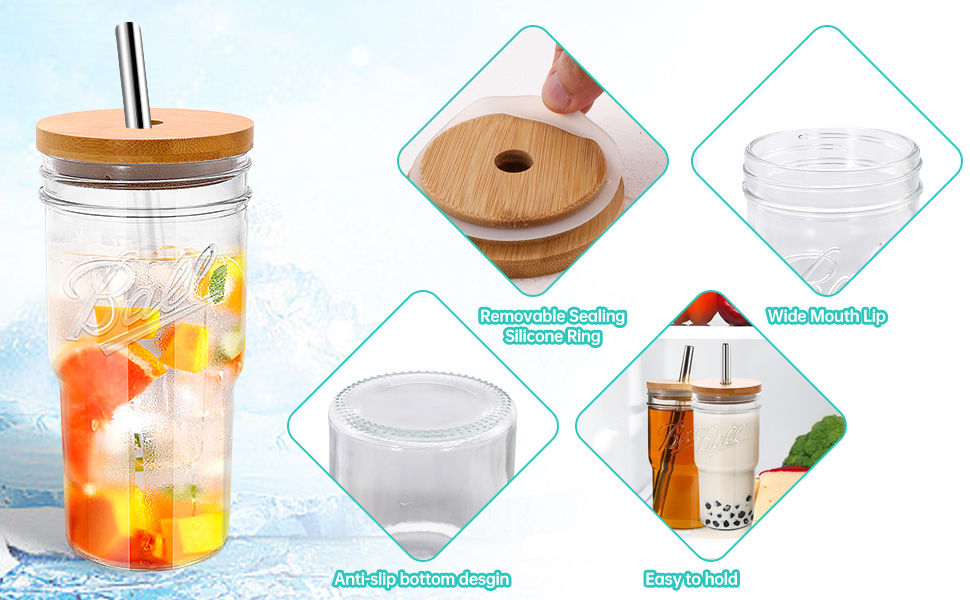 CJWLKJ 2 Pcs Glass Cups Set, 24 Oz Reusable Boba Cup with Bamboo Lids ...