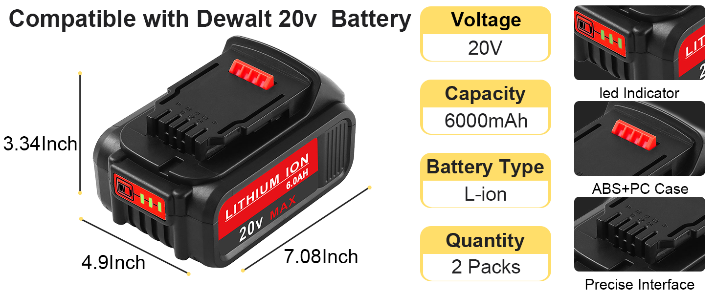 Amazon.com: 2-Pack 6.0Ah 20V DCB206 Replacement Battery Compatible with Dewalt 20V Battery Max ...