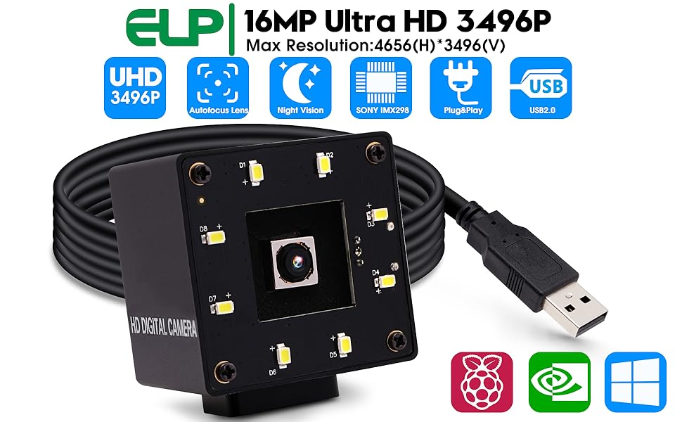Amazon.com: ELP 16mp Day Night USB Camera Auto Focus Webcam for Computer Mini UVC USB2.0 PC ...