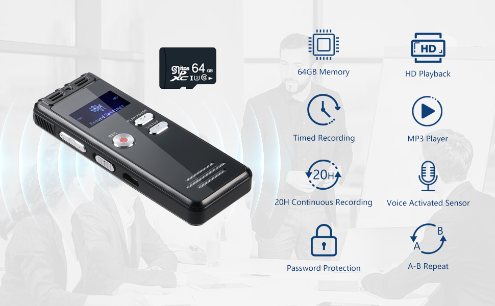 64GB Digital Voice Activated Recorder with Playback - 3072Kbps HD Audio ...