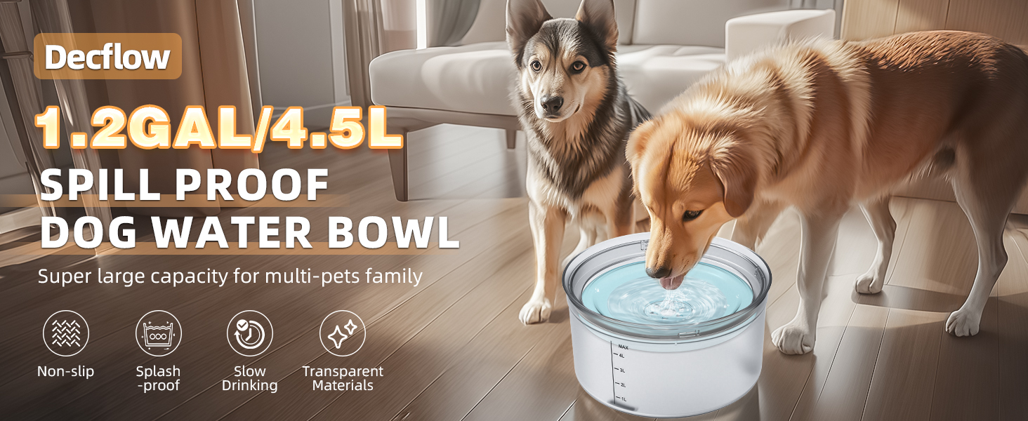 Pet Supplies : Decflow 1.2Gallon Dog Water Bowl No Spill, 4.5L Large Capacity Spill Proof Dog ...
