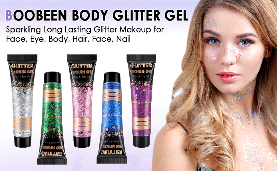 Amazon.com : Boobeen Body Glitter Gel, Long Lasting Waterproof Glitter Makeup for Body, Hair ...
