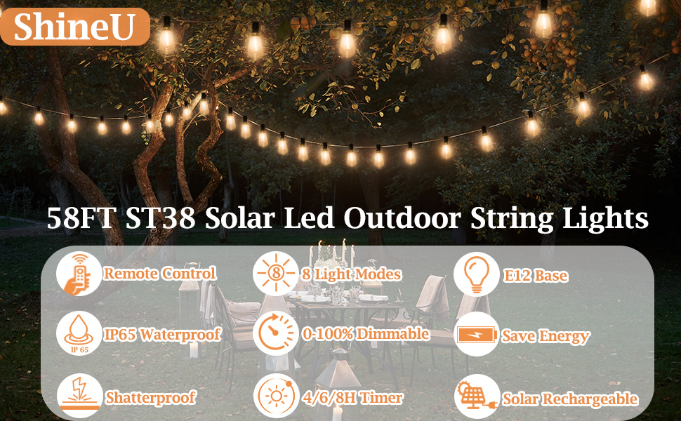 ShineU 58FT Solar String Lights Waterproof with Remote, ST38 LED Dimmable Globe Outdoor Lights ...