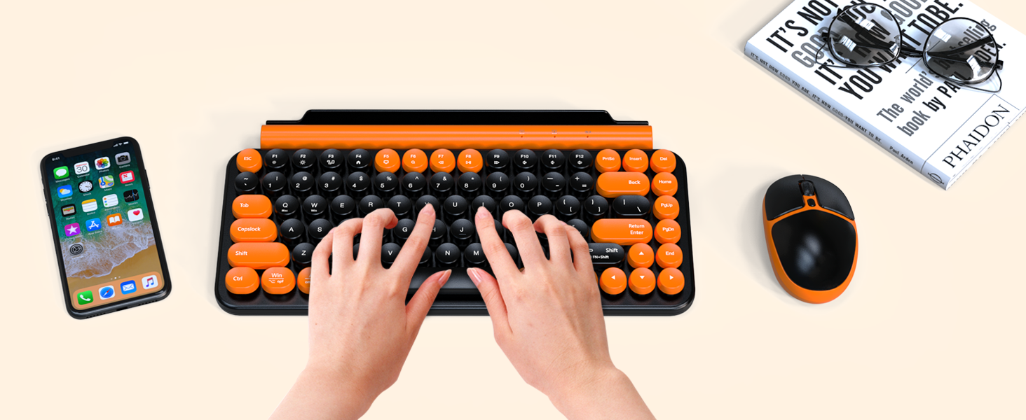 Wireless Keyboard And Mouse Combo Soueto Retro Round Keycap Typewriter Keyboard