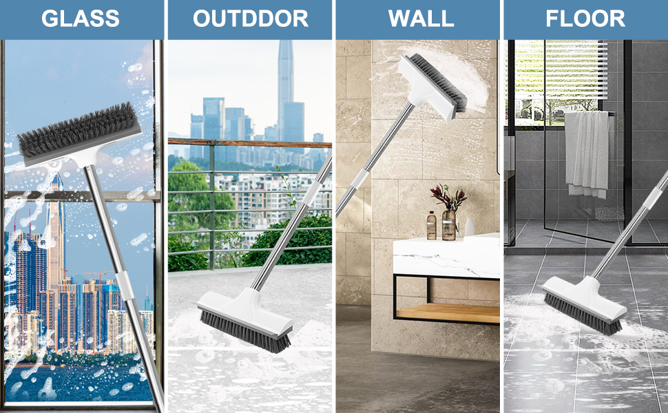 OMEGEPI Long Handle Floor Scrubbing Brush with Squeegee, 2 in 1 Hard ...