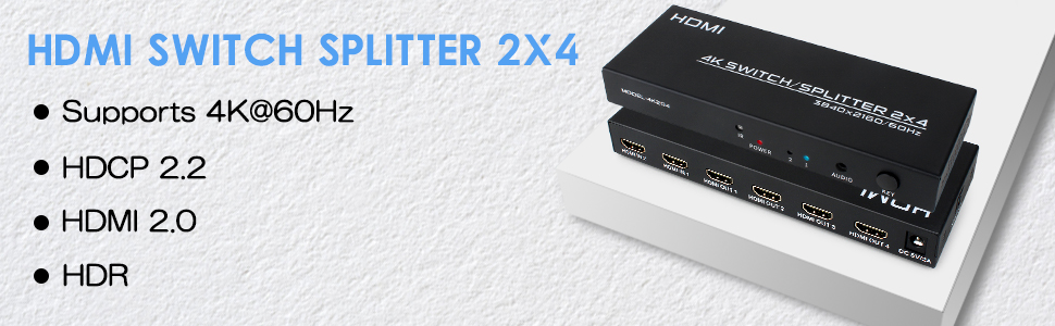 HDMI Switch Splitter 2 in 4 Out, HDMI Verteiler Umschalter mit Fernbedienung und SPDIF & 3.5m ...