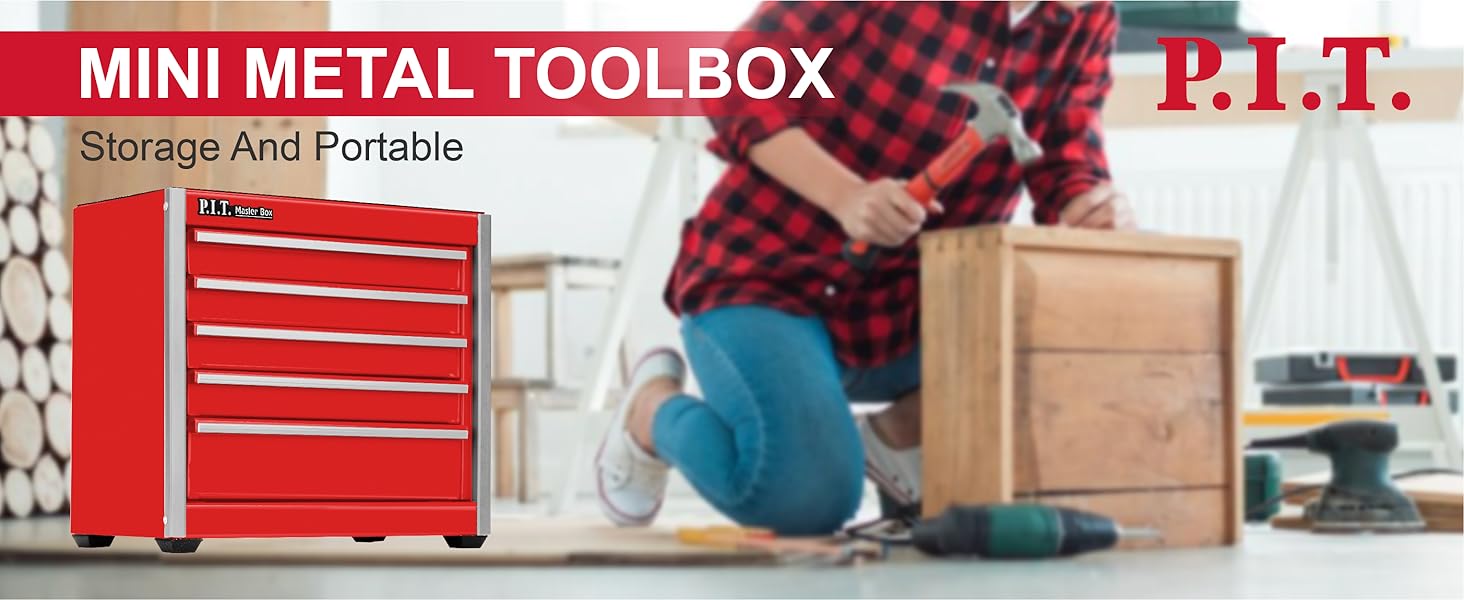 P.I.T. Mini Red Tool Box, Portable 5-Drawer Micro Roll Cab Steel Tool Box with Liner, Red Small ...