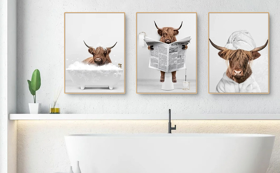 Amazon.de: Trayosin 3-teiliges Premium Poster Set,Lustige Hochland Kuh Wandkunst in Badewanne ...