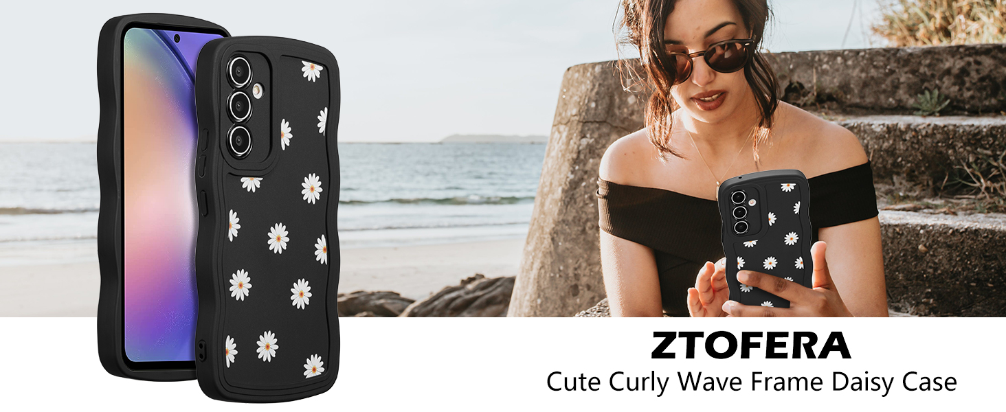 ZTOFERA Case for Samsung Galaxy A55 5G, Cute Curly Wave Frame Daisy Pattern Liquid Silicone Case ...