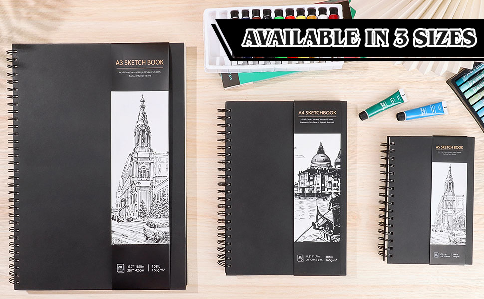 A3 Sketchbook, Spiral Hardcover Sketch Book, 160gsm Thick Paper Art Book, Drawing Pad for ...