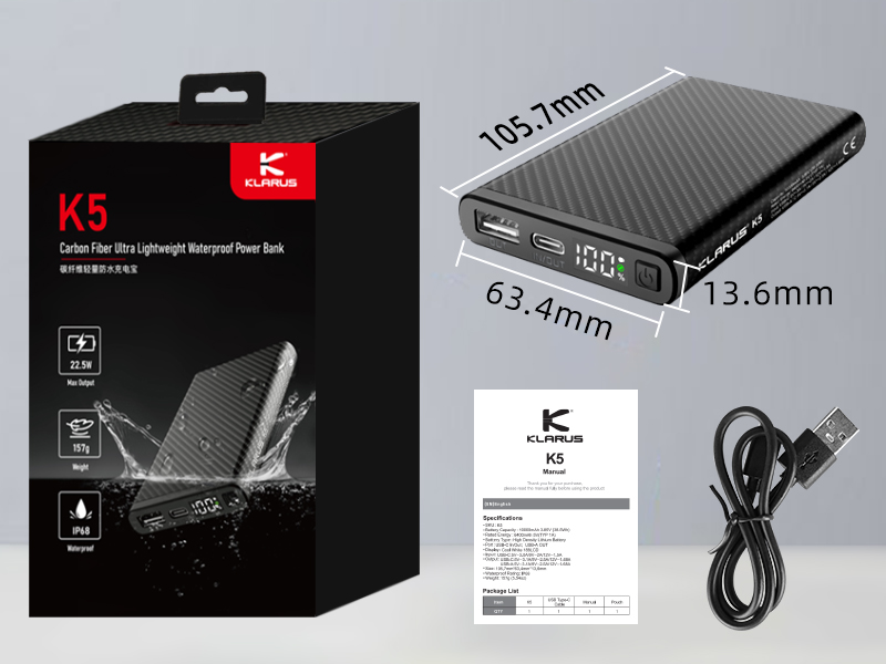 KLARUS K5 10000mAh Power Bank IP68 Waterproof,Carbon Fiber Ultralight Outdoor Charger 22.5W Fast ...