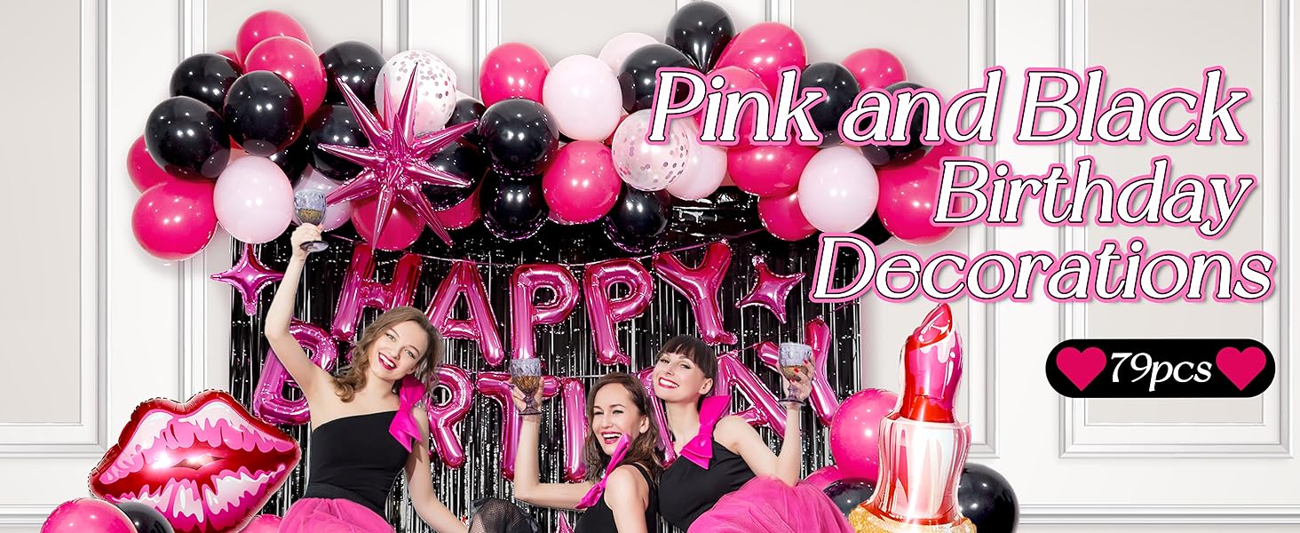 Amazon.com: Pink and Black Birthday Decorations, Hot Pink Birthday Decorations with Banner ...