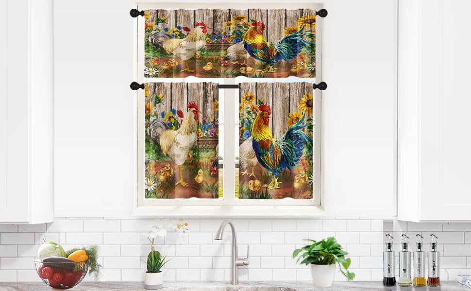Amazon.com: Tayney Rooster Kitchen Window Curtains Valance and Tier Set 36 Inch Farmhouse ...