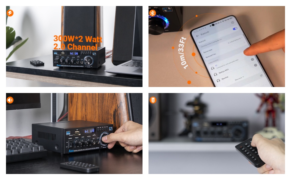 AK45 Stereo Audio Amplifier, 300W Home 2 Channel Wireless Bluetooth 5.0 Power Amplifier System ...