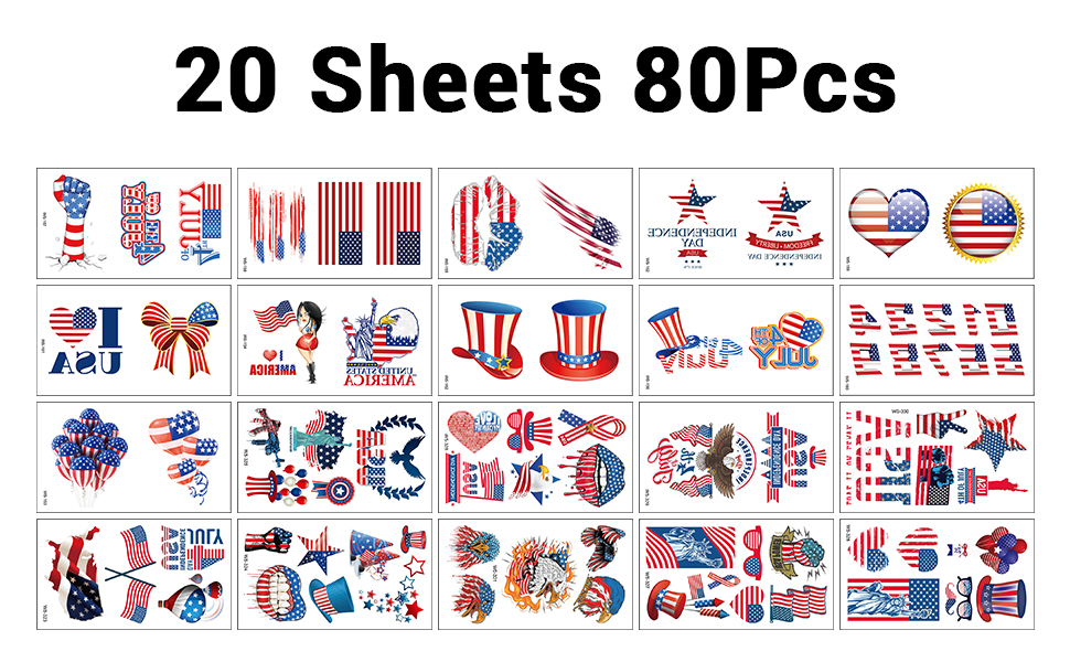 Amazon.com : 20 Sheets 4th of July Temporary Tattoos American Flag Tattoos Patriotic Fake Tattoo ...