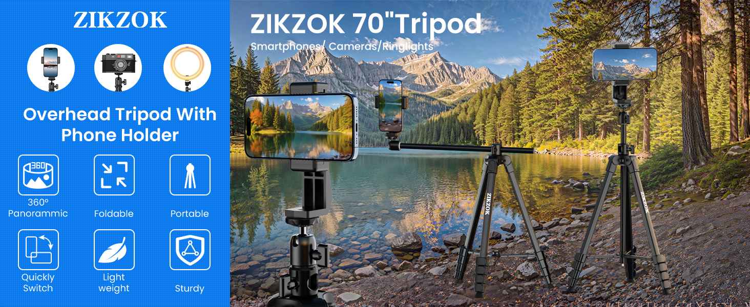 Amazon.com: 70" Phone Tripod & Selfie Stick, Horizontal Overhead Tripod, Extendable Camera Cell ...