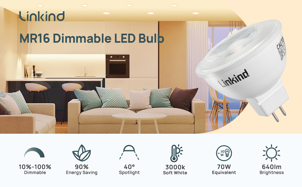 Linkind Dimmable MR16 LED Light Bulbs, GU5.3 Bi-Pin Base 70W Equivalent Bulbs, 6.5W 3000K Soft ...