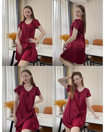 Ekouaer Women's Satin Nightgown Short Sleeve Sleepdress V-Neck Sleepwear Loose Silk Sleepshirt ...