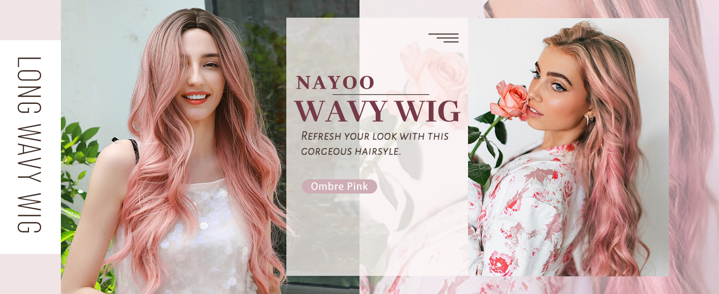 Amazon.com : NAYOO Long Pink Wig for Women - 26 Inch Ombre Pink Wavy Wigs for Women, Natural ...