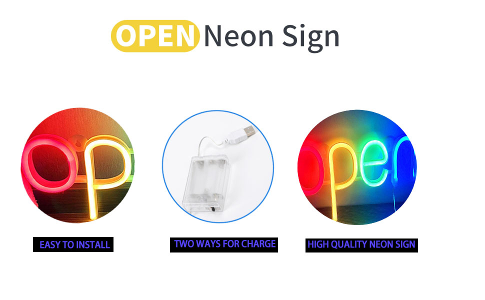 LED Neon Open Sign, 13.8"x 7.1" Business Hour Sign, Powered by USB Cord or 3*AA Batteries, LED ...