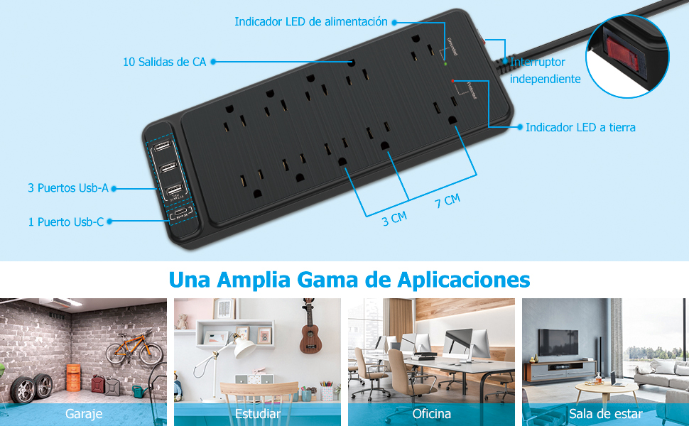 NVEESHOX Regleta Multicontacto USB C, Extension Electrica de 2.5M, Regleta con 10 Salidas, 3 ...