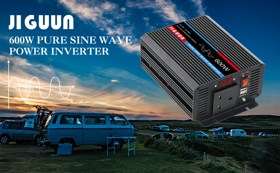 JIGUUN 600W Pure Sine Wave Inverter 12V to 240V 230V car converter 1200W peak with LED Display,1 ...