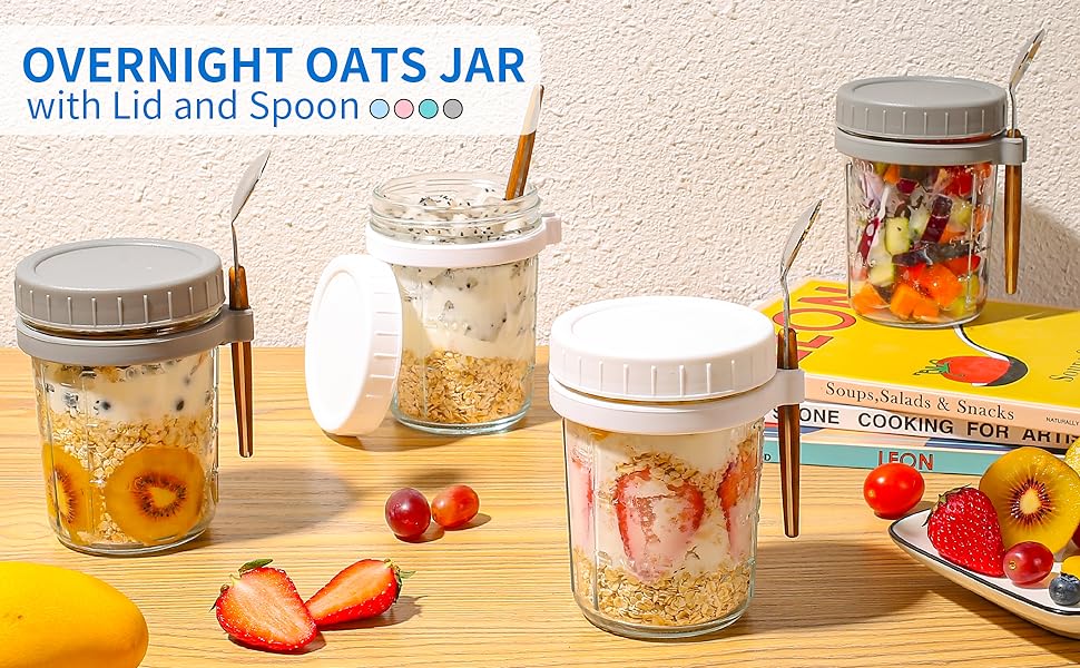 Overnight Oats Containers with lids and Spoons: 16 oz Mason Jars for Overnight Oats - 4 Pack ...