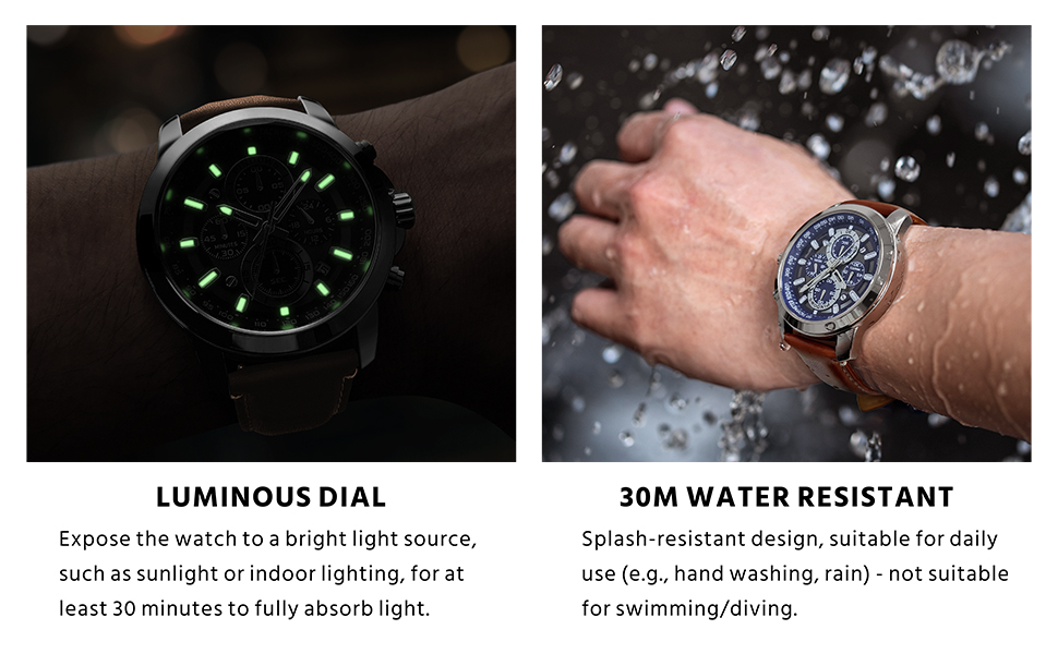PINDOWS Watch for Men Analog Quartz Chronograph Waterproof Luminous Wrist Watches with Leather ...