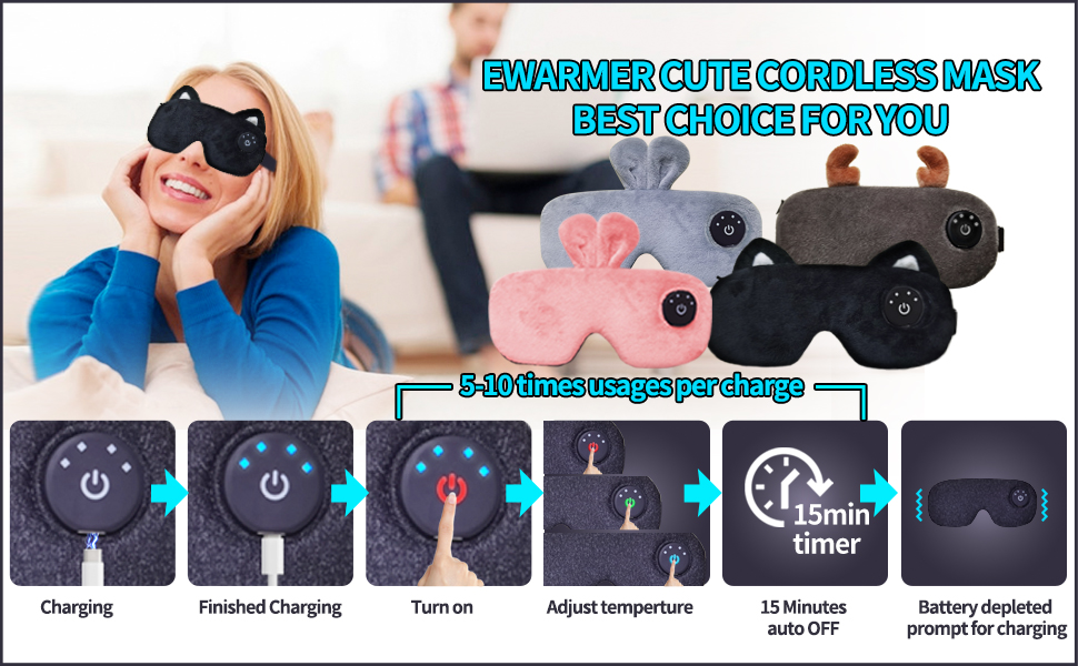 Amazon.com: Ewarmer Cordless Heated Eye mask,Cute Sleep Eye mask for Women,USB Rechargeable ...