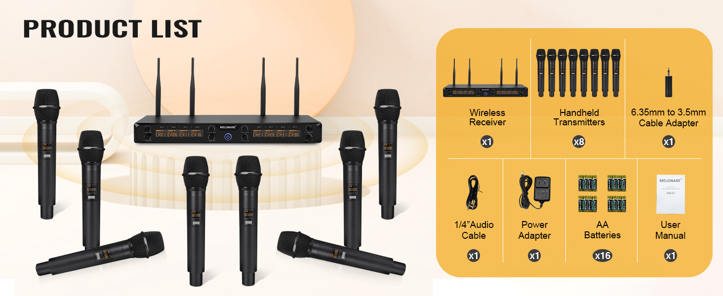 Amazon.com: MELONARE 8-Channel Wireless Microphone System, UHF 500MHz Cordless Mic Set w/ 8x5 ...