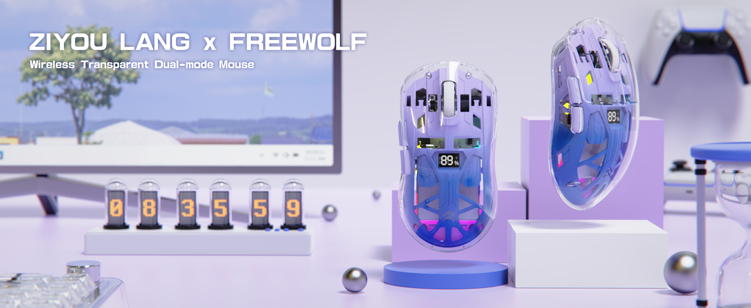 ZIYOU LANG x FREEWOLF Wireless Gaming Mouse, PixArt PAW3212 Dual Mode 2.4G/Bluetooth Transparent ...