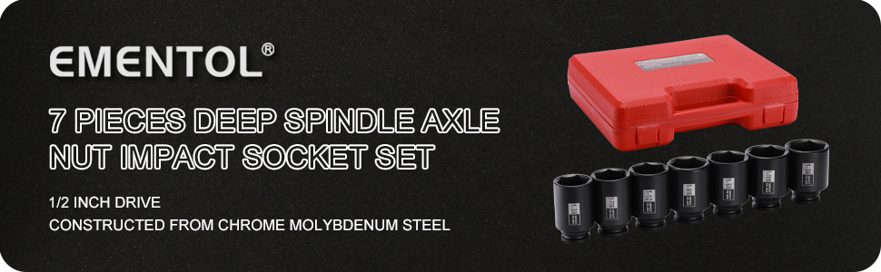 EMENTOL 7PCS 1/2"Drive Deep 6-Point Spindle Axle Nut Impact Socket Set, CR-MO, 1/2" Drive Deep ...