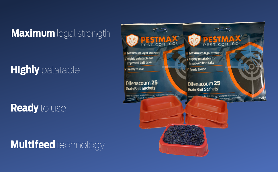 PESTMAX Rat Poison kit contains 2 x 150g mouse and rat poisoning sachets and 5 bait trays. Rat ...
