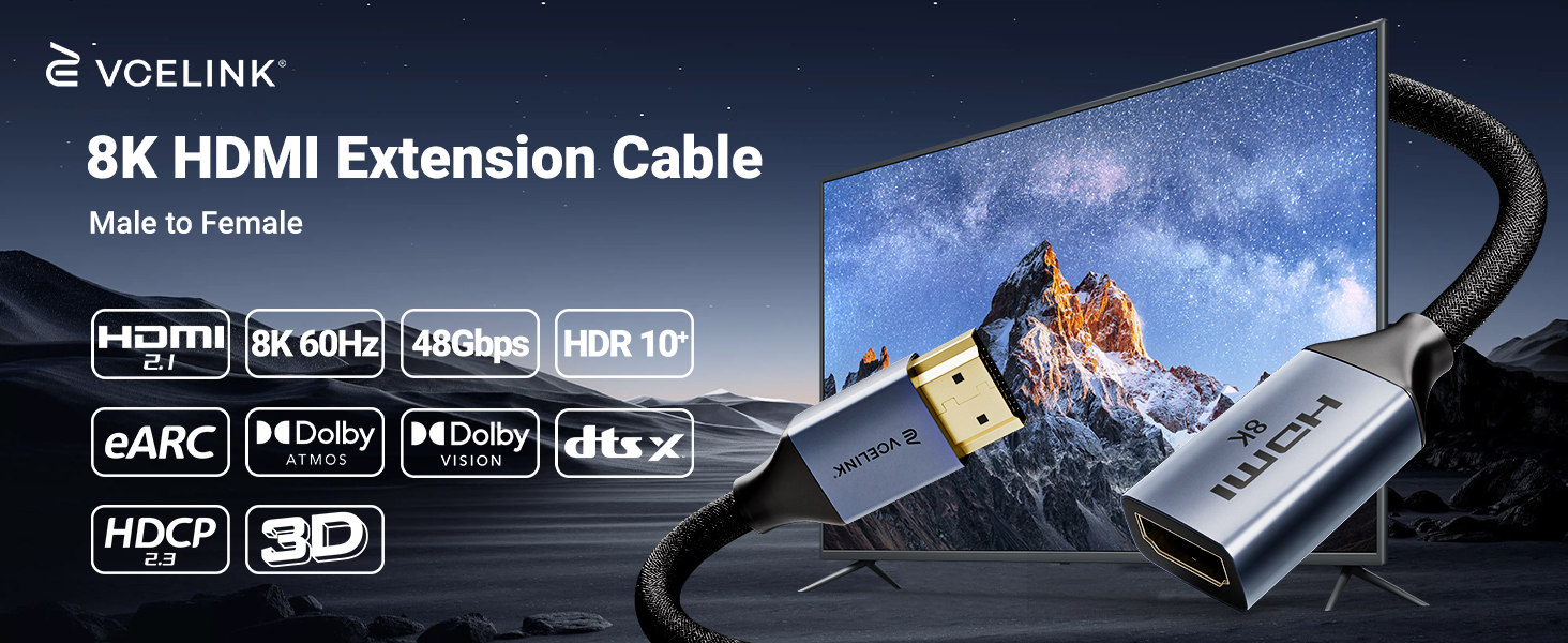VCELINK 8K 4K HDMI Extender Male to Female 18CM, Short HDMI 2.1 Extension Cable 8K@60Hz 4K@120Hz ...