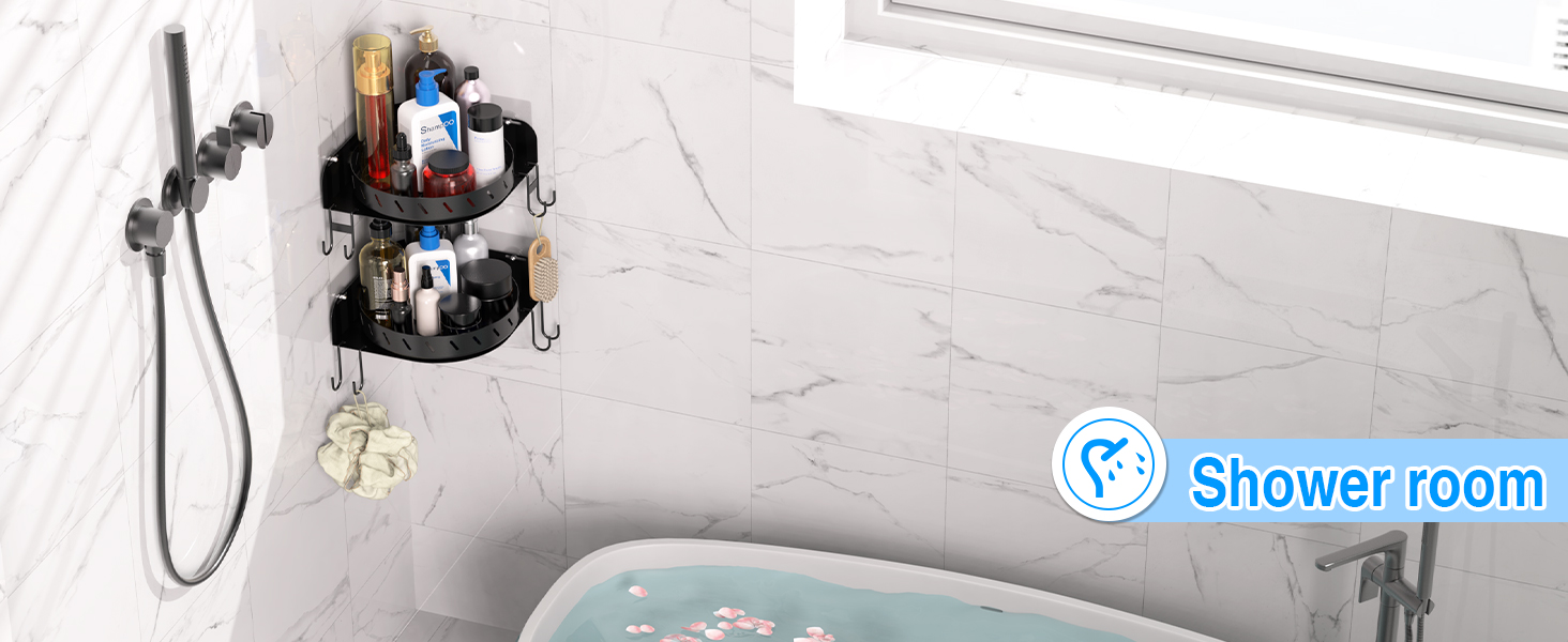 Amazon.com: 360°Rotating Corner Shower Caddy Shelf With 6 Hooks,2PACK Bathroom Lazy Susan Shower ...