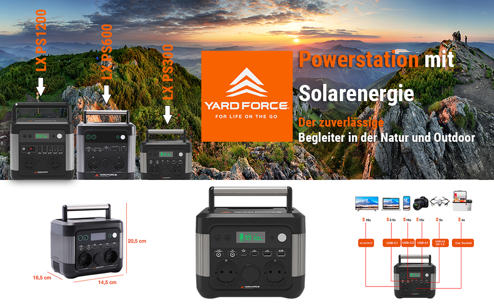 YARD FORCE Tragbare Powerstation LX PS300, 296Wh Batterie-Backup mit 550W Surge Pure Sine Wave ...