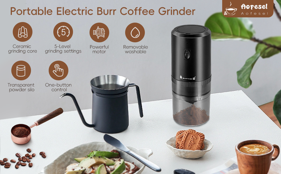Portable Electric Burr Coffee Grinder, 1250mAh Electric Rechargeable Mini Coffee Grinder with ...
