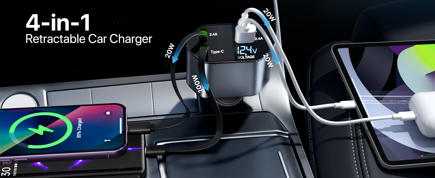 Amazon.com: Retractable Car Charger 120W, 4 in 1 Fast Charge Car Phone Charger, Retractable ...