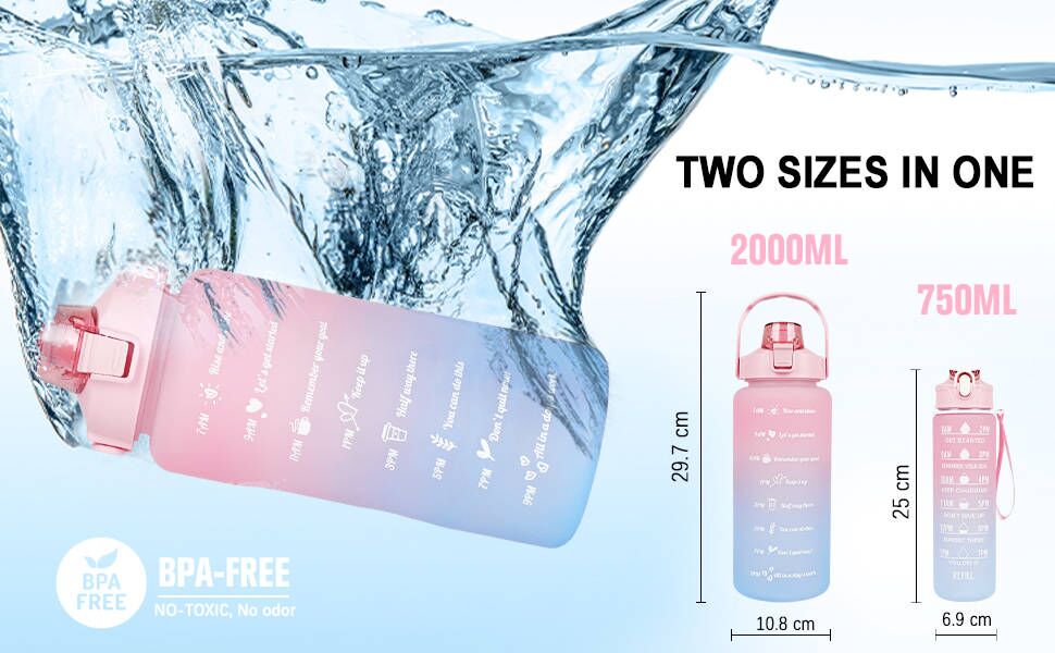 CodiCile Pack of 2 BPA-Free Water Bottles, 2 L + 750 ml, Sports Water Bottle with Time Marking ...