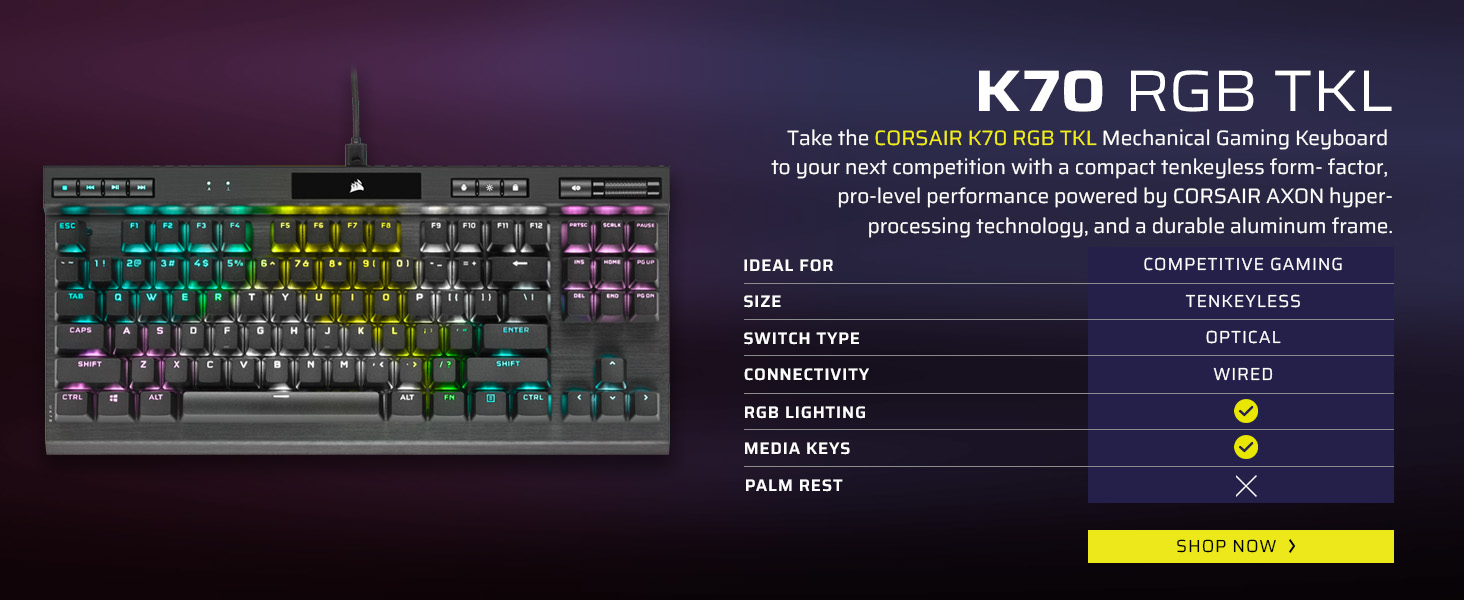 CORSAIR K70 PRO TKL RGB Tenkeyless Mechanical Wired Gaming Keyboard – Pre-Lubed Hall Effect MGX ...