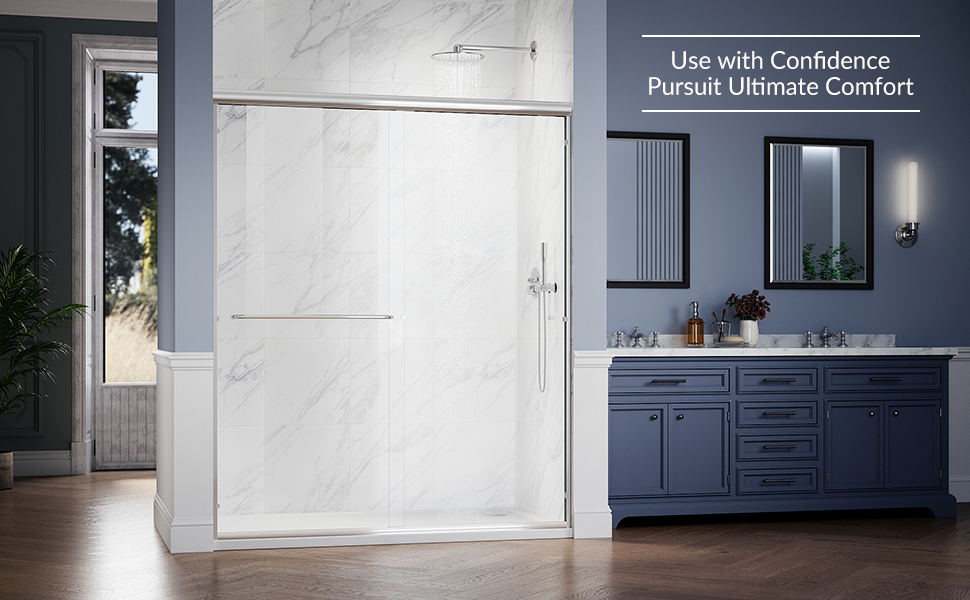 SUNNY Frameless Shower Door Double Sliding Shower Doors 54" W x 72" Shower Enclosure in Chrome ...