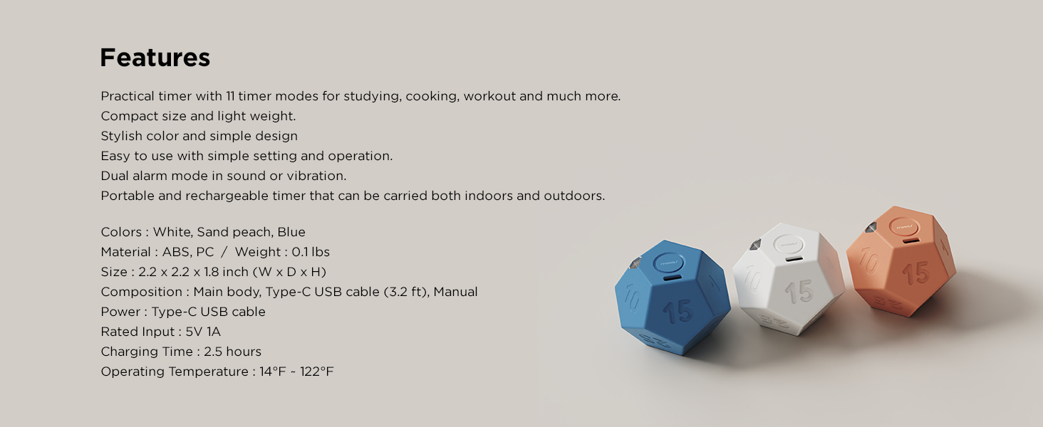 Mooas Dodecagon Time Ball Rechargeable Mini Timer Sand Peach 11 Preset Time Desk