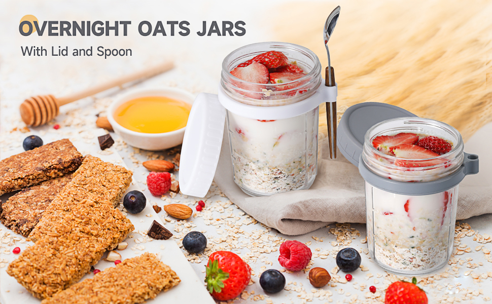 EthCat 4 Pack Overnight Oats Containers with Lids and Spoons, Overnight Oats Jars, 12 oz Mason ...